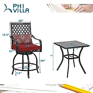 PHI VILLA Patio Bar Set, 3 pcs Outdoor Metal Bar Set with 2 Swivel Cushioned Stools & 31" Square Patio Bar Table with Umbrella Hole, Outdoor Furniture Set for Patios Backyard, Porches or Garden