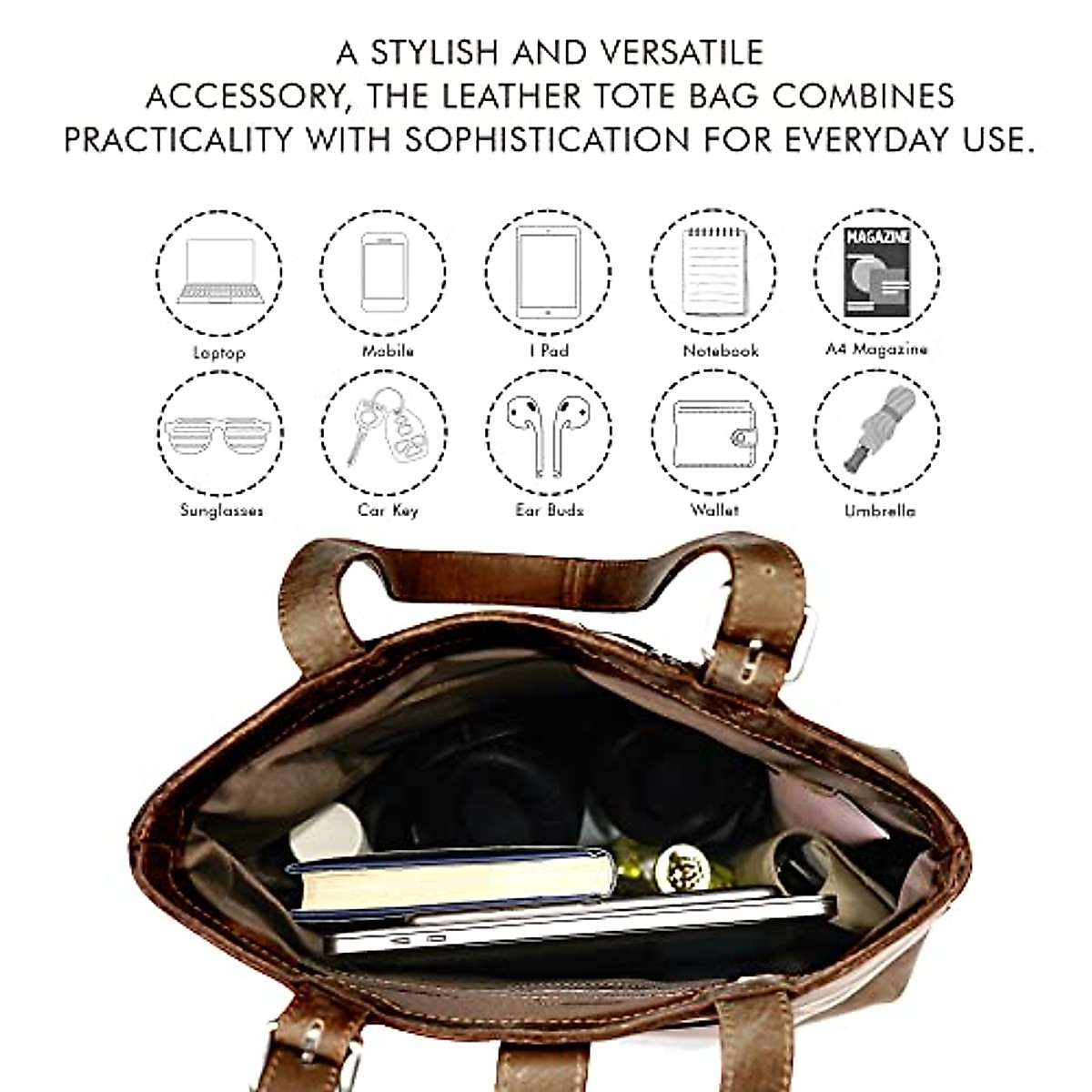 LUXEORIA Genuine Leather Tote Bag for Women Shoulder Handbag Swanky Deep Brown