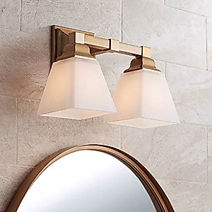 Regency Hill Mencino Opal Modern Wall Mount Light Warm Brass Gold Metal Hardwired 12 1/2" Wide 2-Light Fixture Etched Glass Shade for Bedroom Bathroom Vanity Reading Living Room Hallway