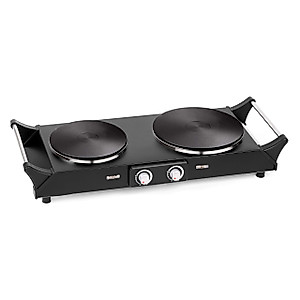 Techwood ES-3203 Hot Plate Electric Double Burner 1800W for Cooking with Adjustable Temperature & Stay Cool Handles, Black Stainless Steel, Compatible for All Cookwares