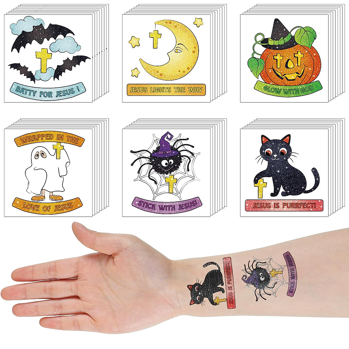 Sinmoe 120 Pcs Glitter Religious Halloween Temporary Tattoos for Kid Christian Temporary Tattoos Stickers Bible Verse Tattoos Temporary Cross Pumpkin Ghost Halloween Party Favors for Kid Men Women