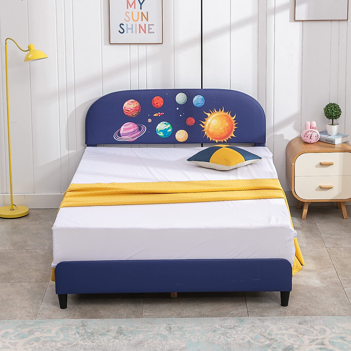 BALUS Twin Bed Frames for Kids, Bed Frame for Boys with PVC Tufted Headboard& Wood Upholstered Slat Support, No Spring Box Needed, Boys Space Adventures Bed Platform for Kids (Space Planet)