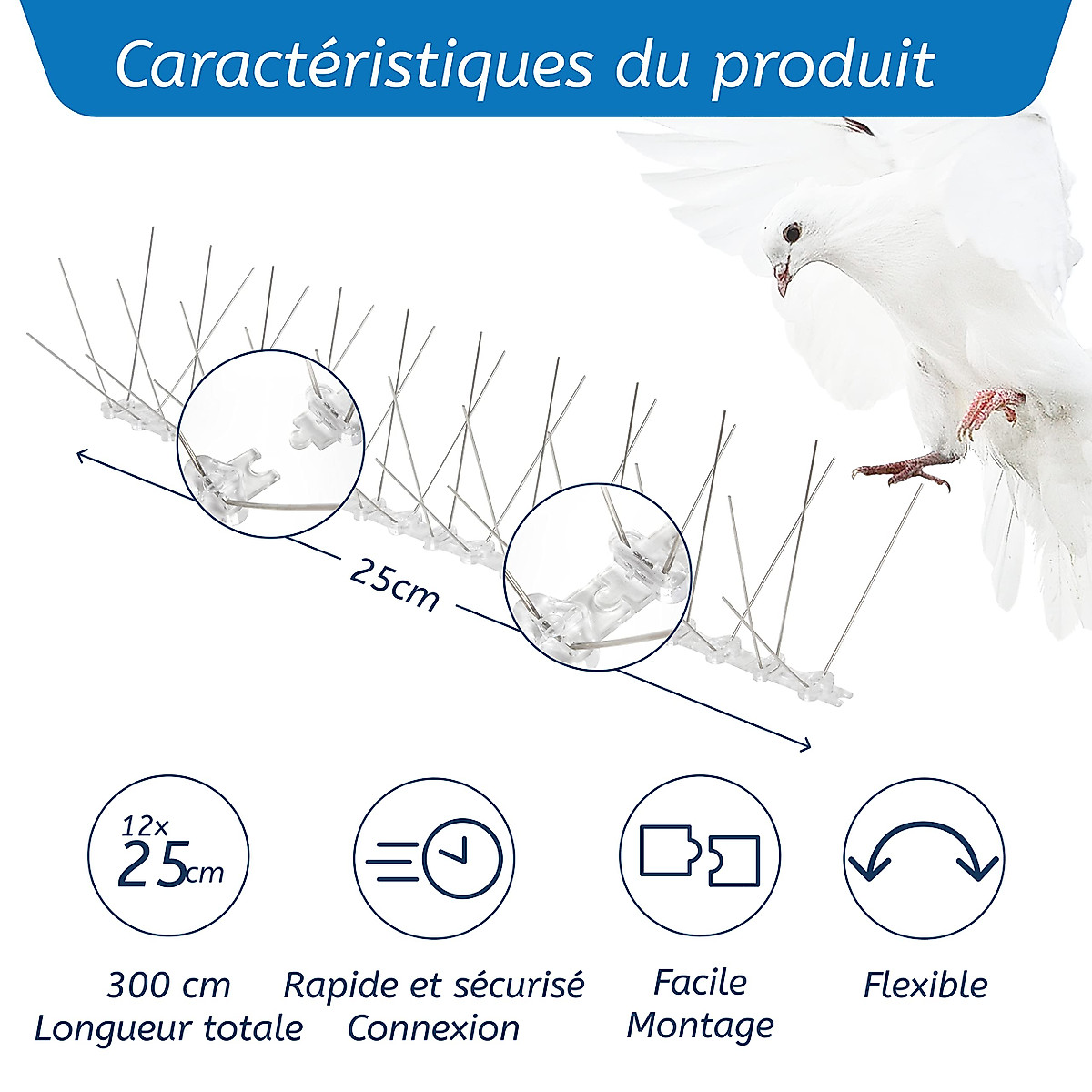 VIIRKUJA 118" Stainless Steel Bird Spikes - Bird Deterrents for Outside - Total Length 118" / 12x Elements of 10" Each - Pigeon Spikes - Bird Protection for The Roof, Balcony and Winter Garden