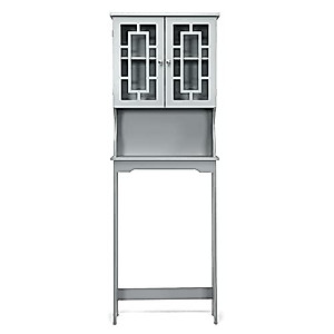 DORTALA Over The Toilet Spacesaver Storage Cabinet, Bathroom Organizer w/ 2 Glass Doors, Adjustable Inner Shelf, Open Bottom Free Standing Shelf Tower Anti-Tip Design, Rack, Gray Grey