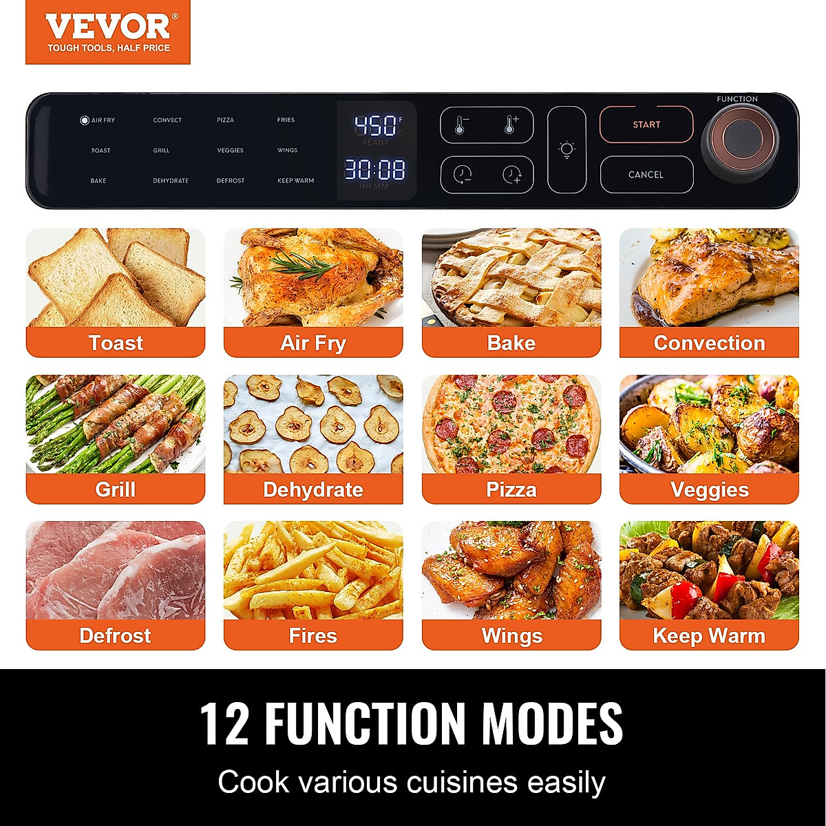 VEVOR 12-IN-1 Air Fryer Toaster Oven, 25L Convection Oven, 1700W Stainless Steel Toaster Ovens Countertop Combo with Grill, Pizza Pan, Gloves, 12 Slices Toast, 12-inch Pizza, Home and Commercial Use