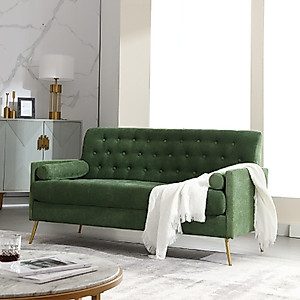 60” Couch Sofa,Mid Century Modern Upholstered Loveseat Sofa Tufted Small Sofa Love Seat Couch Track Armrest with 2 Bolster Pillows for Small Space Living Room Bedroom Apartment, Green Chenille