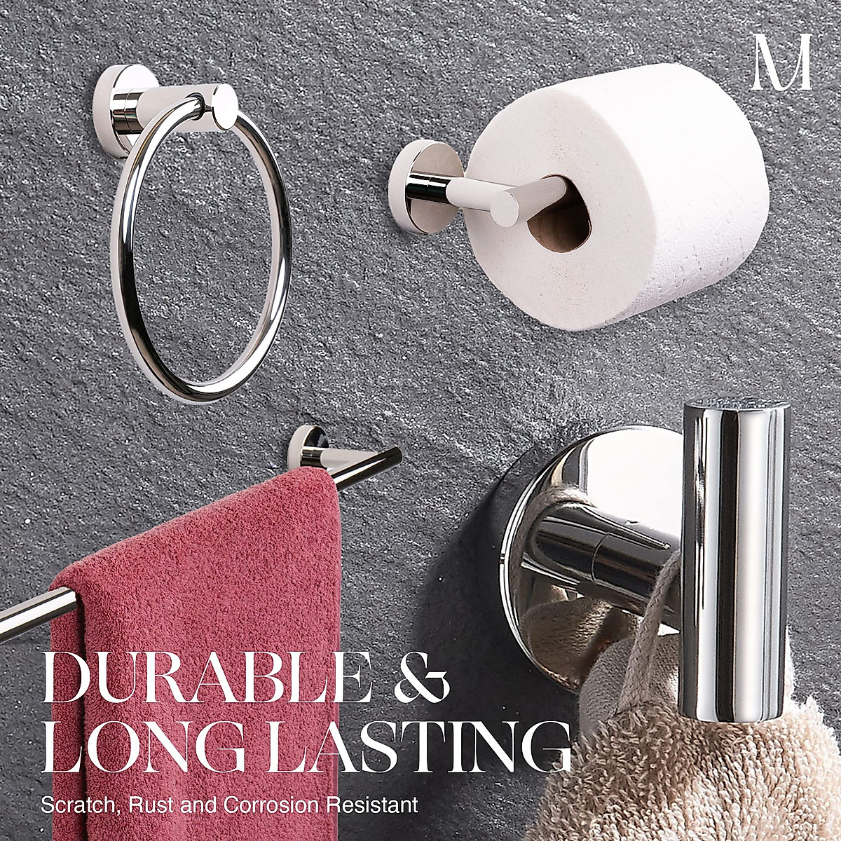 MARMOLUX ACC Bathroom Hardware Set Towel Racks 4 Pieces Hand Towel Ring Holder-Toilet Paper Holder-Towel Hook-Towel Bar Heavy Duty Wall Mount Bathroom Accessories SUS 304 Stainless Steel Mirror Finish