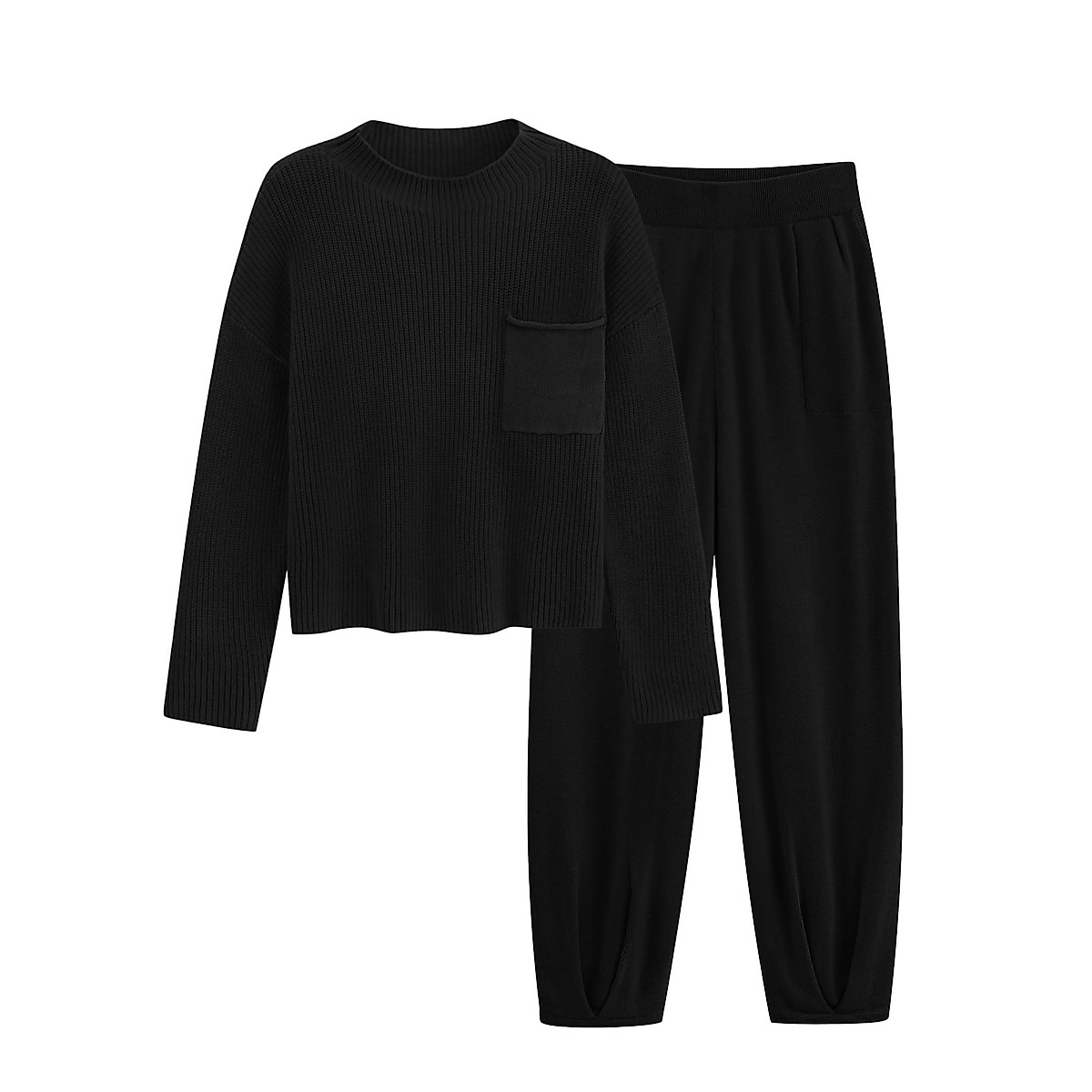 PRETTYGARDEN Women's Winter 2 Piece Sweater Set Casual Pullover Top High Waisted Sweatpants Tracksuit Lounge Outfits (Black,Medium)