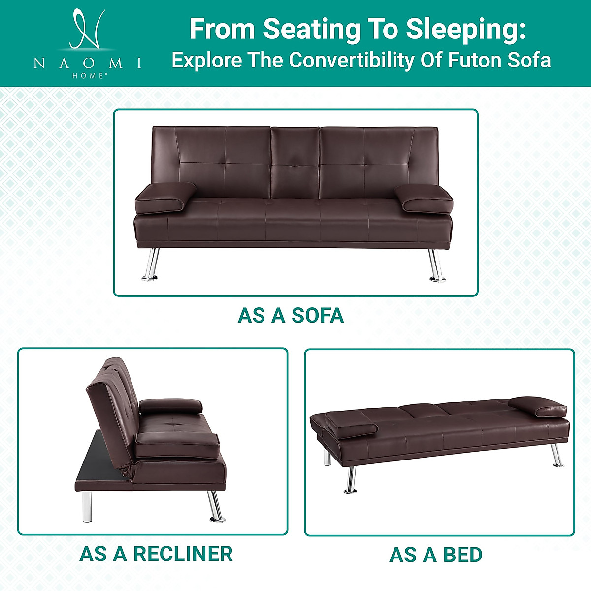 Naomi Home Transform Your Living Space with Comfort Espresso Futon Sofa Bed with Armrest, Cupholders, & Reclining Function, Ideal for Cozy Living Rooms! Sofa Bed Couch with Metal Legs, Faux Leather