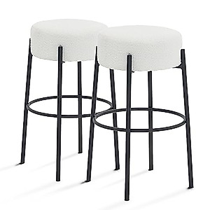Dolonm 30 Inch Round Bar Stools Set of 2, Teddy Fabric Upholstered, Bouclé and Sherpa Chairs, Backless Kitchen Island Stools, Metal Frame Bar Chairs, Beige with Black Legs (Set of 2)