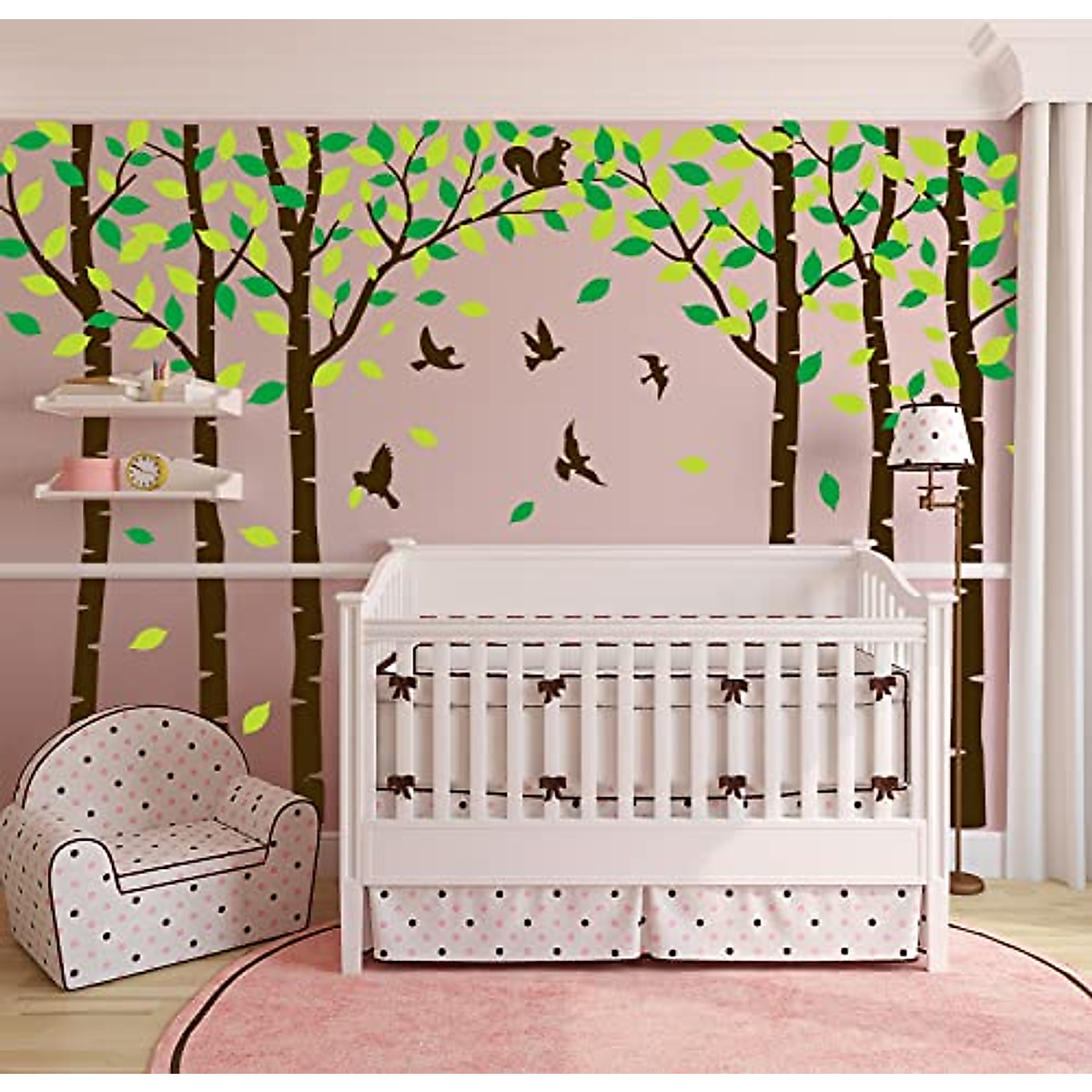 Six Birch Tree Wall Decals Birds Cute Squirrel Forest Wall Stickers for Kids Room Nursery Bedroom Living Room Classroom Decoration (Brown,Green)