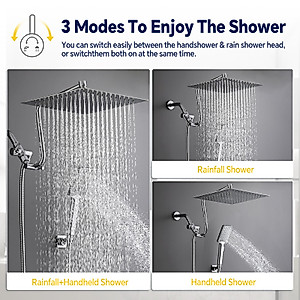 YDmeet 12 Inch Shower Head with Handheld Spray Combo- Rain Shower Head with Handheld- Stainless Steel Height Adjustable 12" Extension Arm with 3 Setting Diverter Extra Long Shower Hose- Chrome