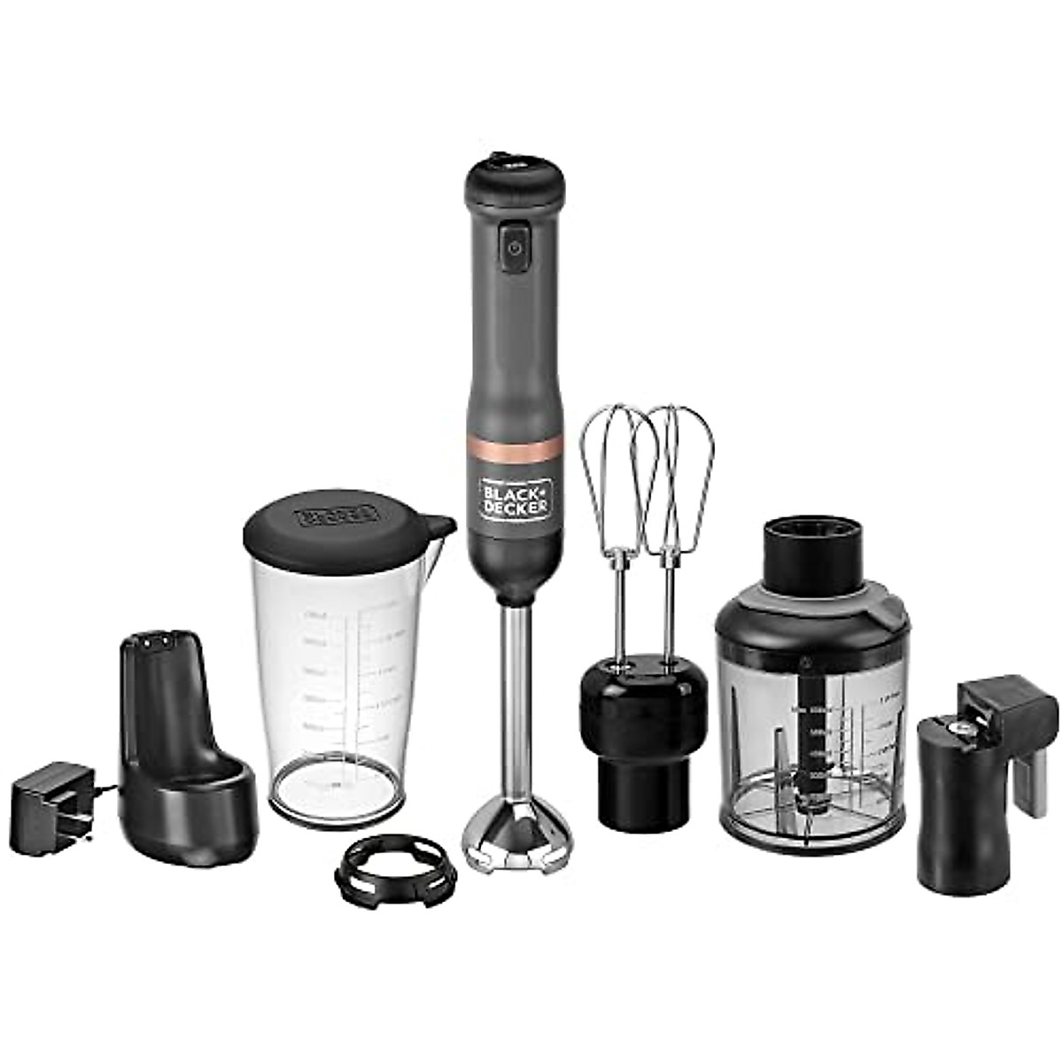 BLACK+DECKER Kitchen Wand Cordless Immersion Blender, 4 in 1 Multi Tool Set, Hand Blender with Charging Dock, Grey (BCKM1014K01)