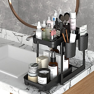 GKTG Under Sink Pull Out Organizer and Storage, 2 Tier Sliding Under Bathroom Cabinet Basket Organizer with Hooks, Hanging Cup, Multi-purpose Undersink Shelf Kitchen Storage Rack, Adjustable Height