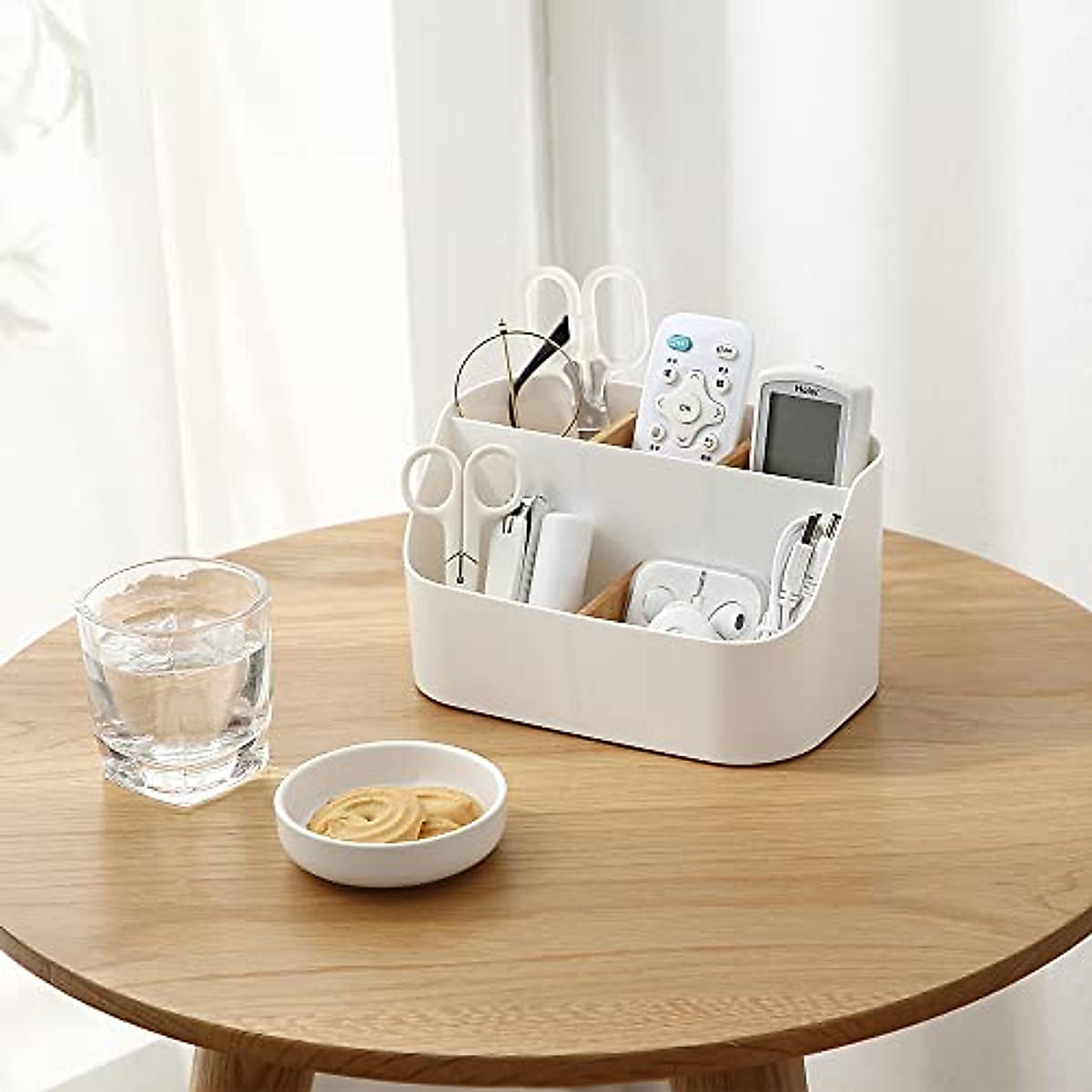 SUNFICON White Bathroom Tray Makeup Organizer Cosmetic Display Case 3 Detachable Dividers Office Stationery Storage Holder Countertop Storage Unit Makeup Box Vanities Office Desk Gift