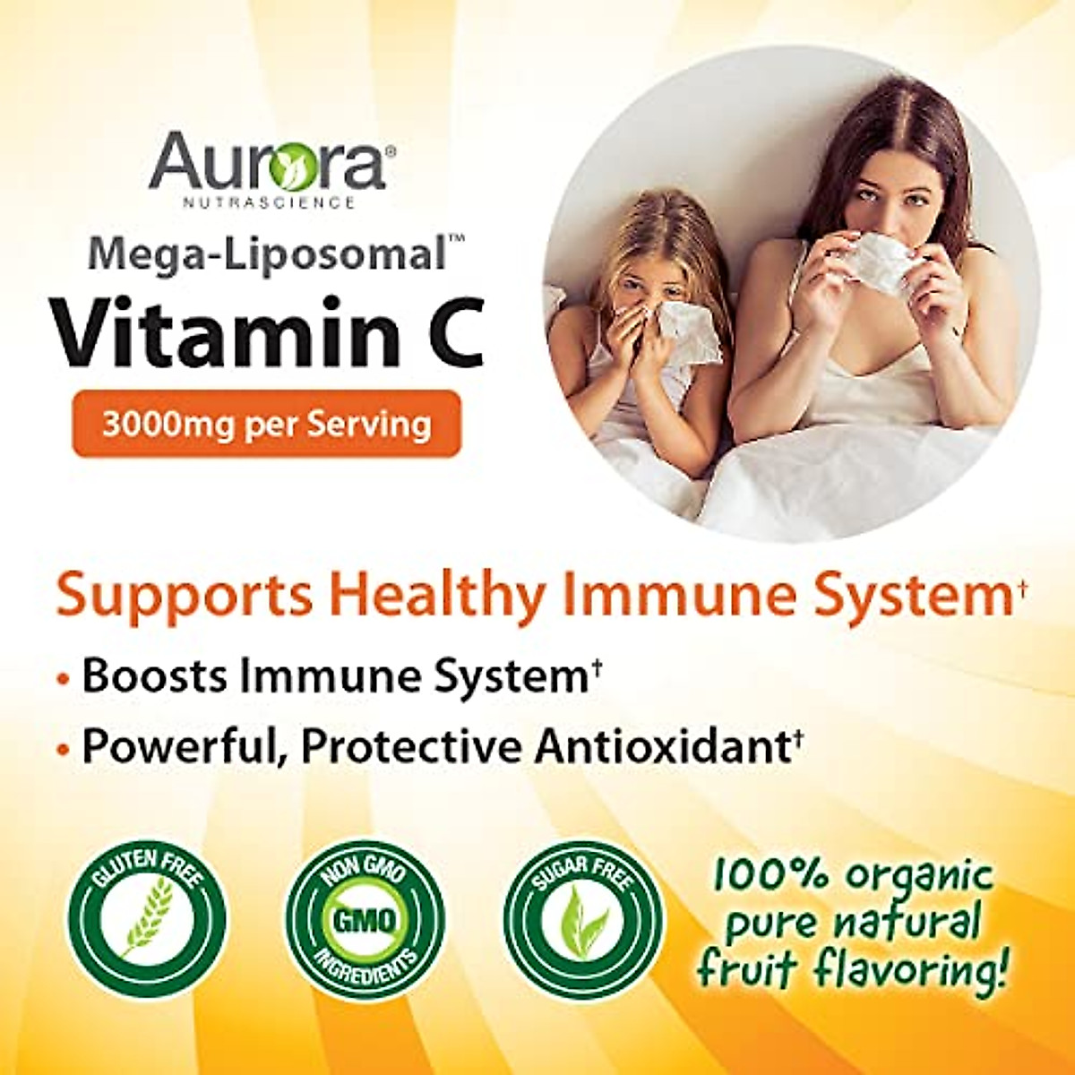 Aurora Nutrascience, Mega- Liposomal Vitamin C, 3,000 mg per Serving, Gluten Free, Non-GMO, Sugar Free, High Absorption, Fat Soluble Vitamin C, Immune System Support, 16 oz (480 mL)