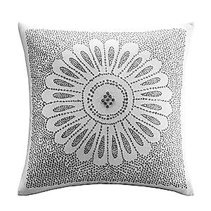 INK+IVY Sofia Mid Century Modern Cotton Square Decorative Pillow Sofa Cushion Lumbar, Back Support, 20"x 20", Medallion Embroidery Grey