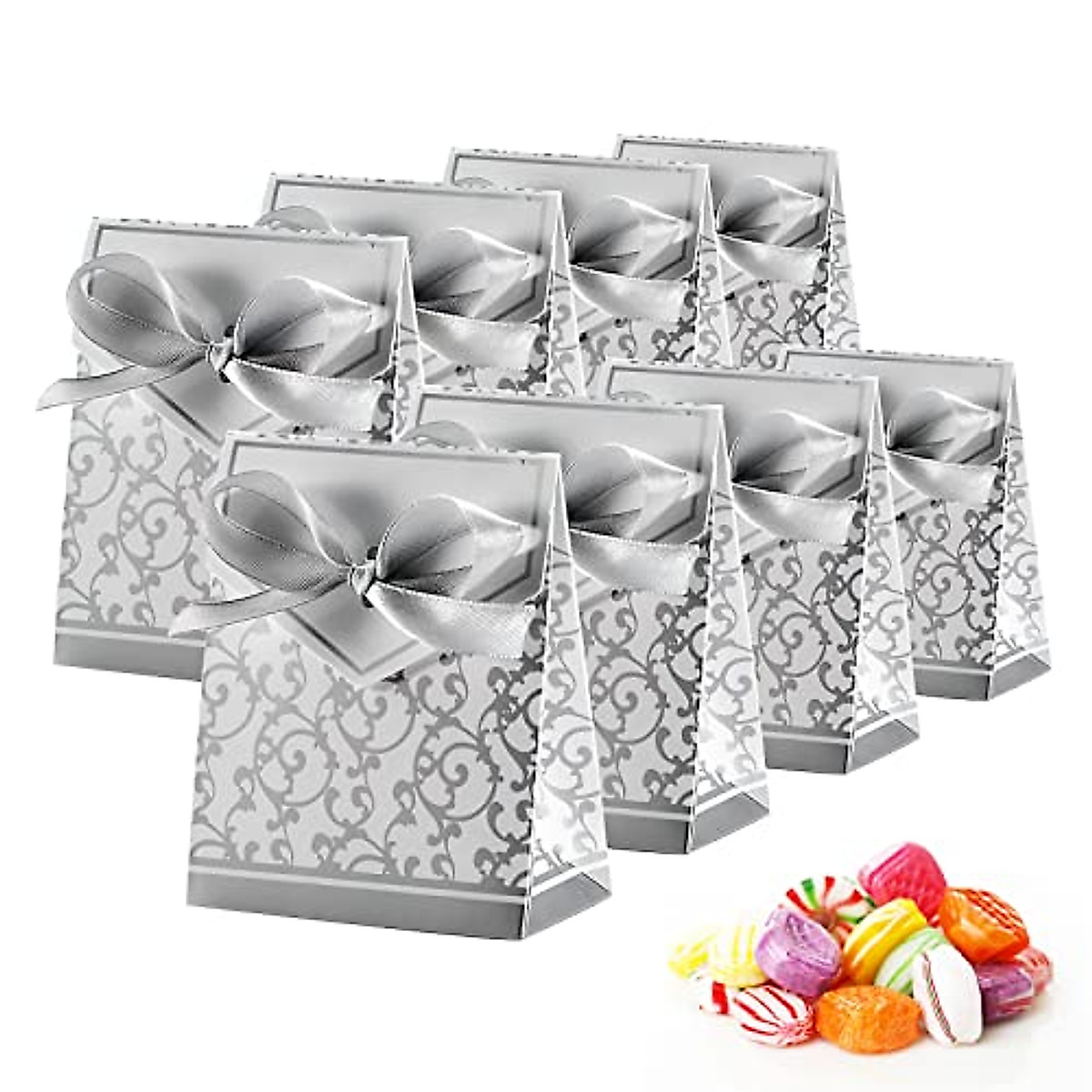 JOHOUSE 50pcs Mini Wedding Favor Box, Small Gift Boxes Candy Boxes with Gift Ribbons for Wedding Party Bridal Shower Favor Party Decoration, Silver