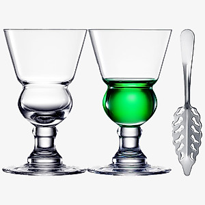 Vintage Crystal Absinthe Glasses | Set of 2 With Spoon | 7 oz Wine Savant - Stemmed Classic With Swiss Bubble Reservoir, Tasting, Nosing & Sipping, Absinthe, Sambuca, Raki, Pastis, Ouzo, Green Fairy