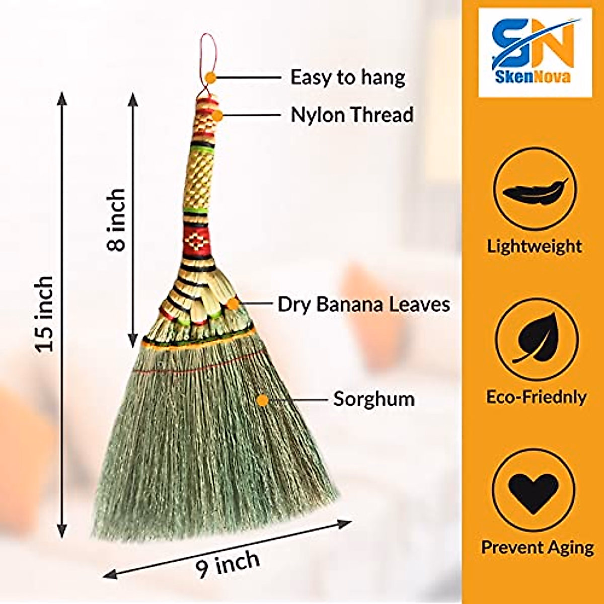 SN SKENNOVA - 16 inch Tall of Hand Broom Brush Whisk Broom Dusting Brush Broom Handmade Cleaning Tools Household