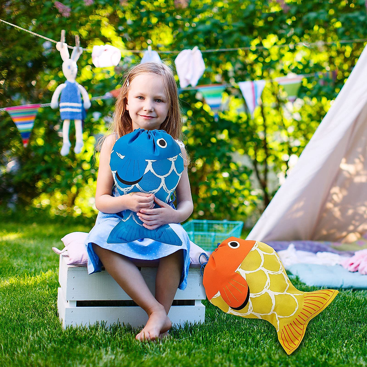 Weewooday Little Fisherman Drawstring Backpack Bag Fishing Party Favor Boys Girl Party Supplies Camping Favor Goody Treat Bag (16 Pieces)