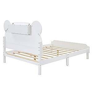 Kids Full Size Platform Bed with Motion Activated Night Lights, Wood Full Bed with Bear-Shaped Headboard, Cute Kids Full Size Bed Frame for Boys Girls (White)