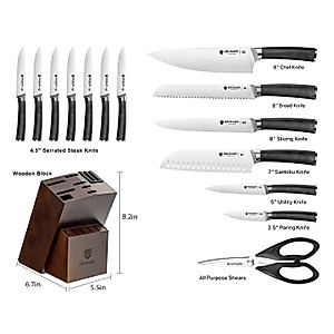 BRODARK Kitchen Knife Set, Ultra Sharp 15 Pcs Knife Set with Block, Full Tang Chef Knife Set, High Carbon Stainless Steel Knife Block Set with Sharpener, Wooden Handle