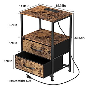 YBING Nightstand with Charging Station End Table with USB Ports and Outlets Bedside Table with Open Shelf Side Table with Fabric Drawers Industrial Night Stand for Bedroom Living Room (Brown)