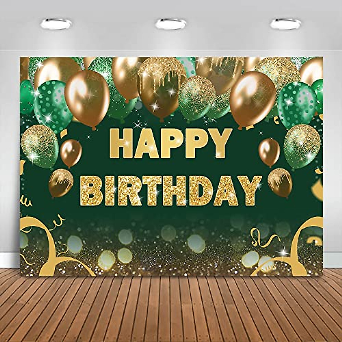 Mocsicka Glitter Green Gold Birthday Backdrop Gold Green Bokeh Balloons Women Men Happy Birthday Banner Decoration Birthday Party Photography Background Photo Backdrop Props (7x5ft)