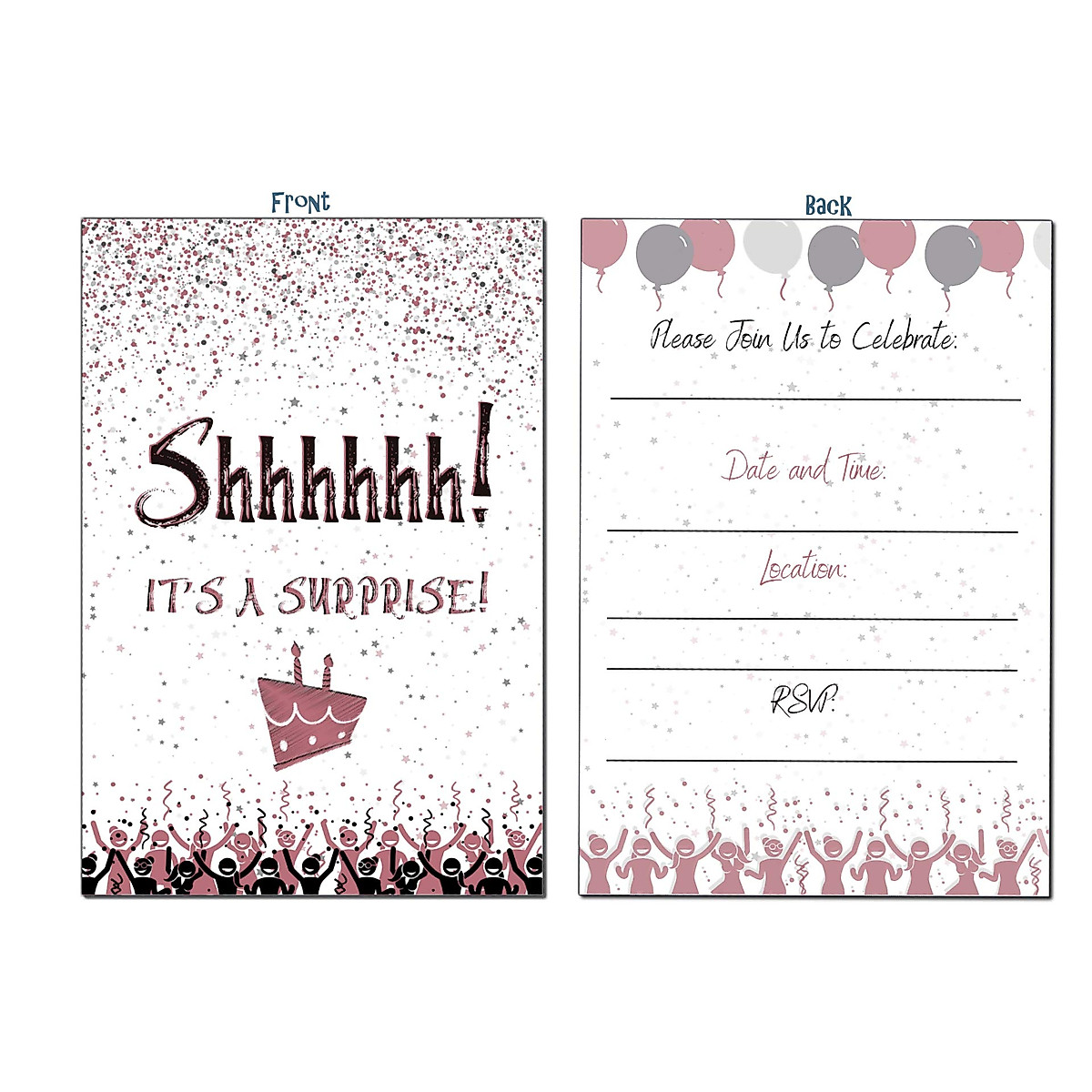 Elcer Surprise Party invitations | It’s a surprise Birthday | Kids and Adults | Fill In Style | Rose Gold & Black | Confetti Streamers Party Invitations | 20 Count With Envelopes | All occasions