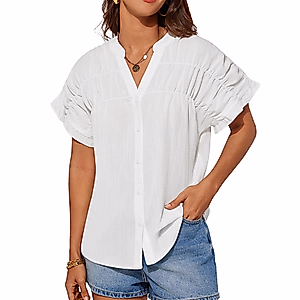 Womens Summer White Top 2025 Fashion V Neck Short Ruffle Sleeve Pleated Blouse Button Down Shirt Ivory 2XL