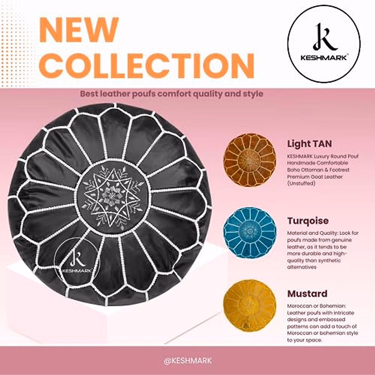 KESHMARK Luxury Handcrafted Moroccan Leather Pouf - Boho Chic Ottoman Seat & Footstool for Living Room Decor - Foot Rest - Round Ottoman (Light Tan with Brown Thread, Cover)