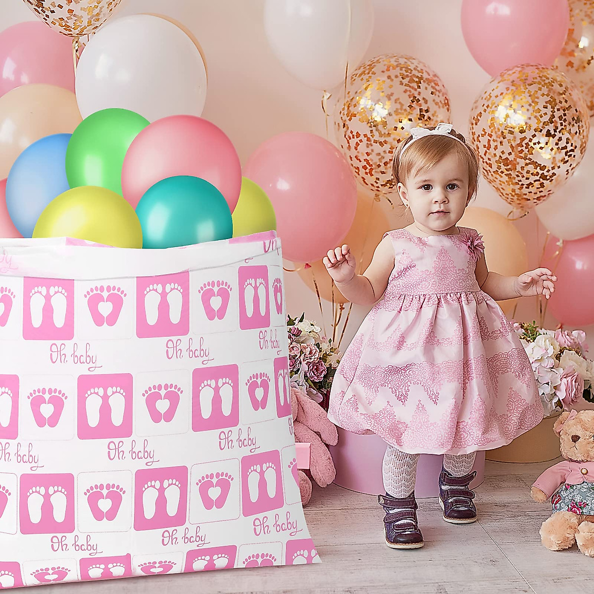 Leinuosen 2 Pcs Extra Large Gift Bags for Baby Shower Oversized Plastic Gaint Gift Bag with Ropes for Birthday Party Favors(Pink Feet)