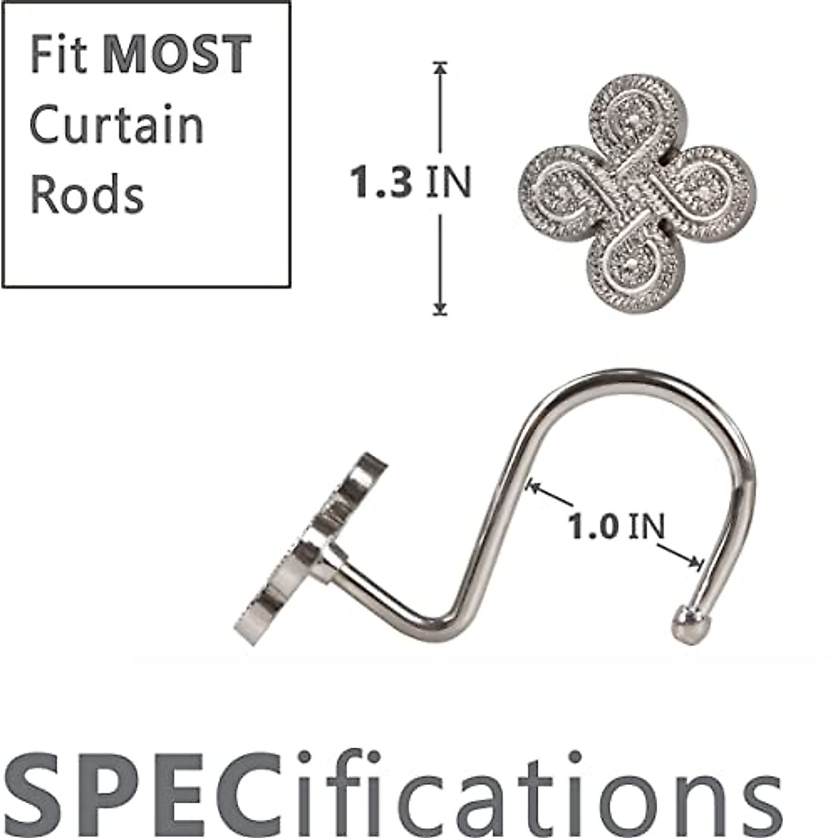 Nickel Shower Curtain Hooks Rings: Silver Rust Proof Metal Shower Hooks for Bathroom - Flower Clover Designed Decorative Curtain Rings Hangers for Shower Rod - Set of 12