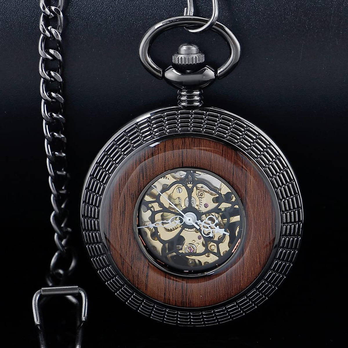 Men's Pocket Watch Mechanical Hand-Wind Steampunk Wood Grain Hollow Classic Design with Chain & Box