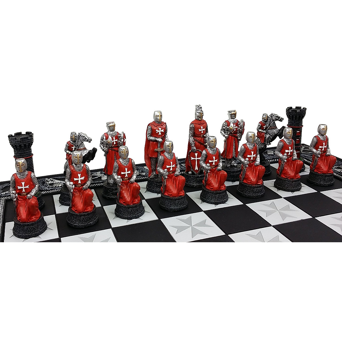 HPL Medieval Times Crusades Red and White Armored Maltese Knights Chess Set with 17" Board