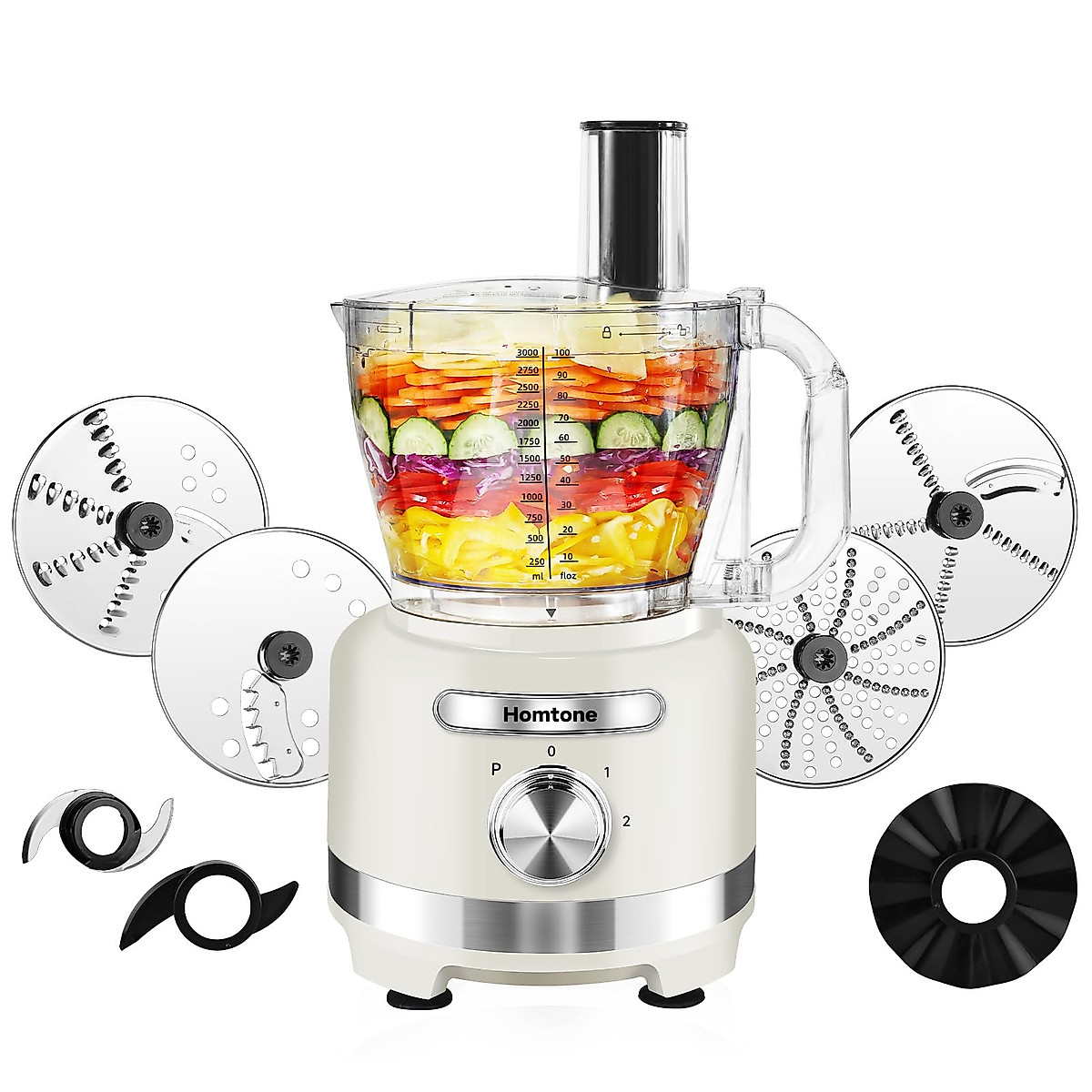 Homtone 16 Cup Food Processor, French-Fry-Cutter Food Processors, 9 Functions 7 Blades for Shredding, Slicing, Doughing, Emulsfying and Meat Vegetable Chopping for Home Use, 3 Speeds, 600W, Beige