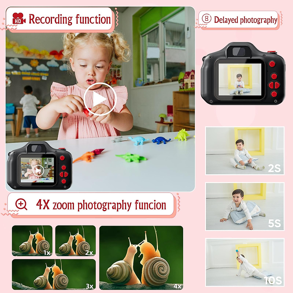 NINE CUBE Digital Camera for Kids, Black Toddler Camera for 3 4 5 6 7 8 Years Old Boys & Girls, Mini Toy Long Lens Kids Digital Camera, Best Toy Camera Gift for Children with 32G SD Card