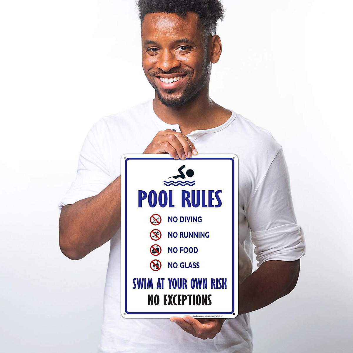 Pool Rules Sign, No Diving No Running No Food No Glass, 10x14 Inches, Rust Free .040 Aluminum, Fade Resistant, Made in USA by Sigo Signs