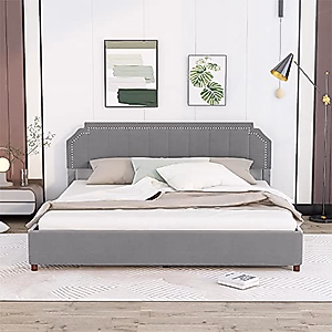 DEYOBED King Size Upholstered Platform Bed with Headboard, 4 Storage Drawers, and Support Legs, Bed Frame Perfect for Spacious Bedrooms - Sleek Grey Elegance