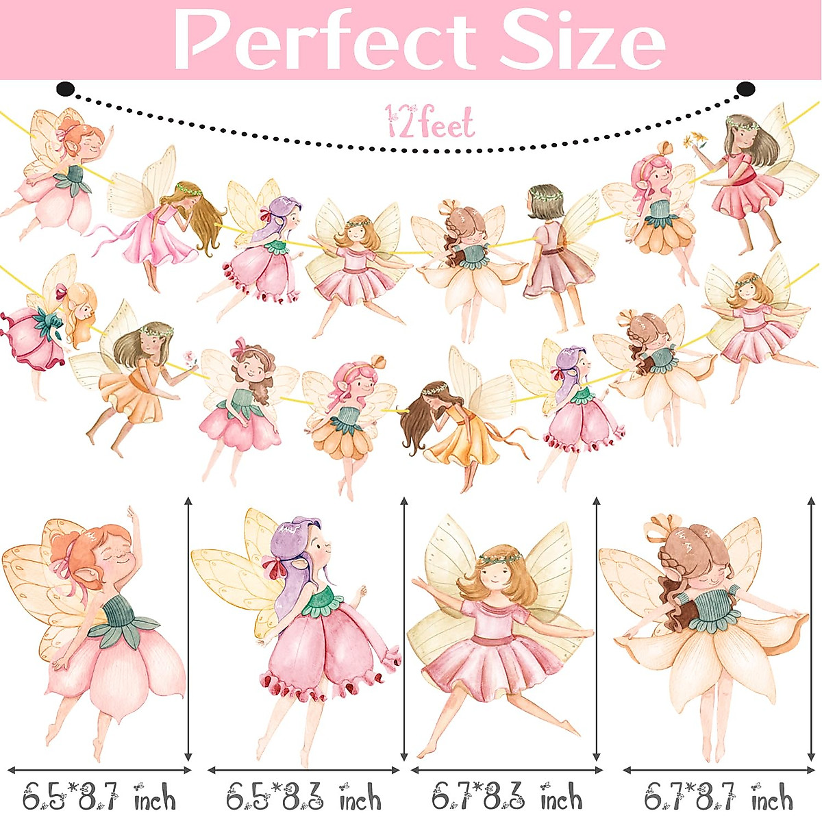 Fairy Party Banner Flower Fairy Banners 2Pcs Fairies Birthday Party Cutout Decorations for Fairy Tale Wonderland Baby Shower Supplies