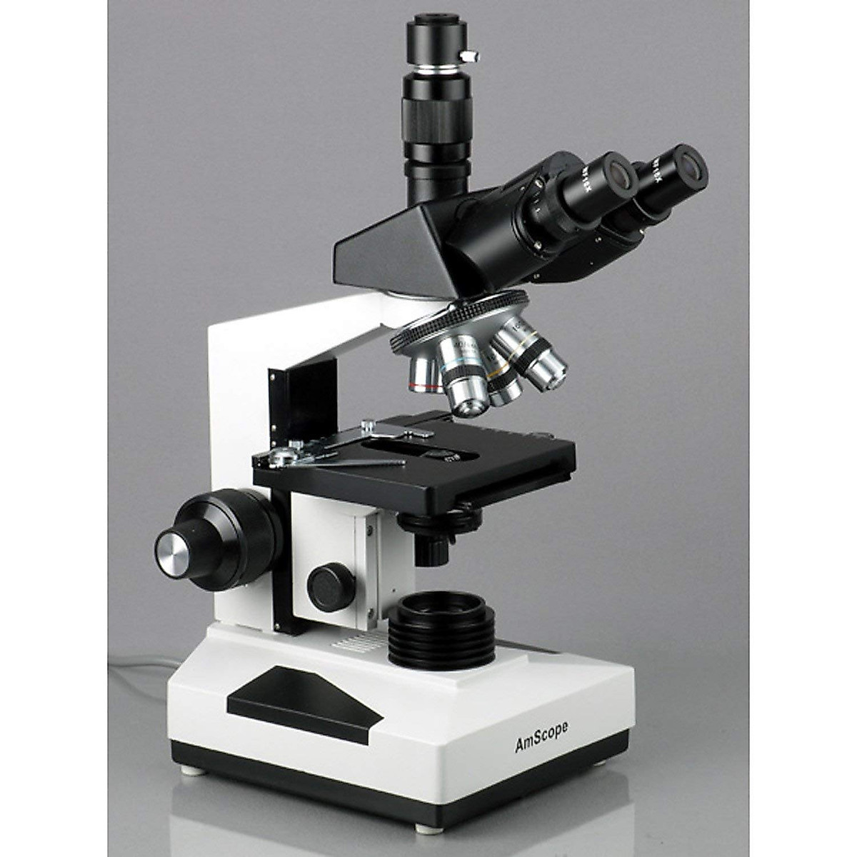 AmScope T490A Compound Trinocular Microscope, WF10x and WF16x Eyepieces, 40X-1600X Magnification, Brightfield, Halogen Illumination, Abbe Condenser, Double-Layer Mechanical Stage, Sliding Head, High-Resolution Optics