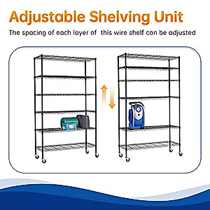 Storage Shelves 2100Lbs Capacity, 6-Shelf on Casters 48" L×18" W×72" H Commercial Wire Shelving Unit Adjustable Layer Metal Rack Strong Steel for Restaurant Garage Pantry Kitchen,Black