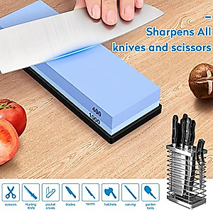 Whetstone Knife Sharpening Stone 4 Side Grit 400/1000 3000/8000, Professional Whetstone Knife Sharpener, Knife Sharpening Kit with Non-Slip Bamboo Base, Leather Strop, Flattening Stone & Angle Guide
