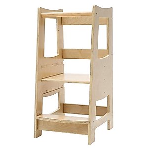 EGREE Toddlers Kitchen Step Stool with Safety Rail Kids Wooden Standing Tower for Kitchen Counter and Bathroom Sink, 3 Heights Adjustable Step Up Stool Mothers' Helper, Solid Wood Construction, White