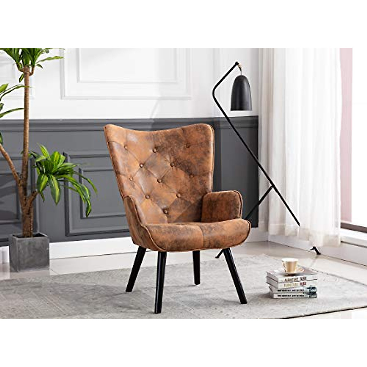 Dolonm Rustic Accent Chair Vintage Wingback Chair Microfiber Cushioned Mid Century Tall Back Desk Chair with Arms Solid Wood Legs for Reading Living Room Bedroom Waiting Room (Brown)