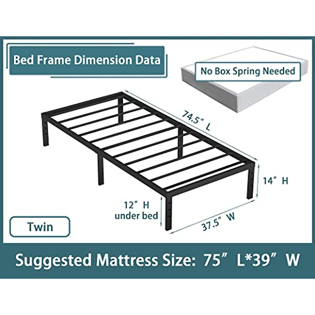 Rooflare Twin Size Bed Frames 14 Inch Heavy Duty Max 3500lbs Metal Twin Size Mattress Platform for Boys Girls Kids No Box Spring Needed Easy to Assemble-Black