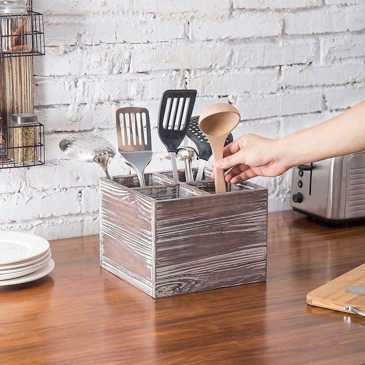 MyGift Rustic Torched Wood Square Cooking Utensil Holder for Kitchen Counter Organizer, Flatware Storage Caddy with 4 Divided Compartments