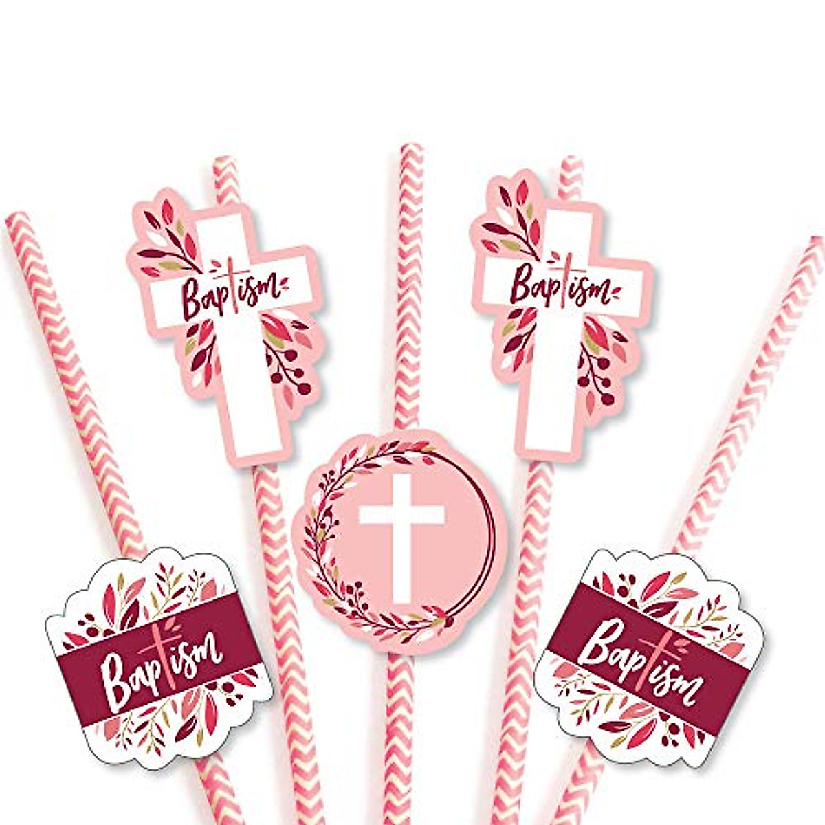 Baptism Pink Elegant Cross - Paper Straw Decor - Girl Religious Party Striped Decorative Straws - Set of 24