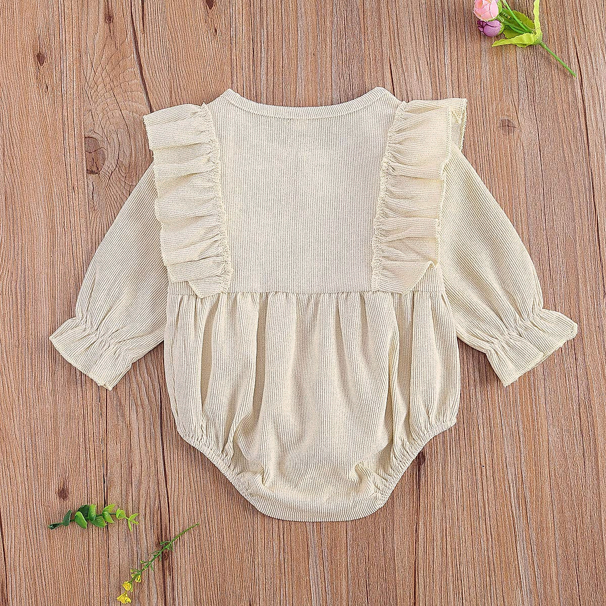 Sasaerucure Infant Baby Girl Clothes Solid Ruffle Long Sleeve Romper Bodysuit Tops One Piece Jumpsuit Fall Winter Outfit (Apricot, 0-3 Months)